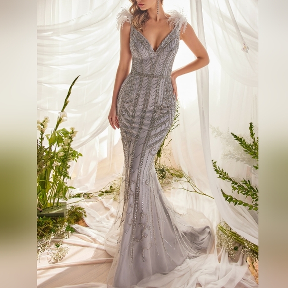 1094 | Dresses | Silver Fitted Long Floor Length Beaded Feather Detail Dress | Poshmark